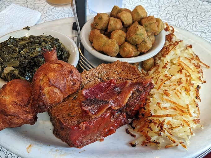 Southern comfort on a plate&mdash;meatloaf, greens, and hash browns that would make your grandmother simultaneously proud and jealous.