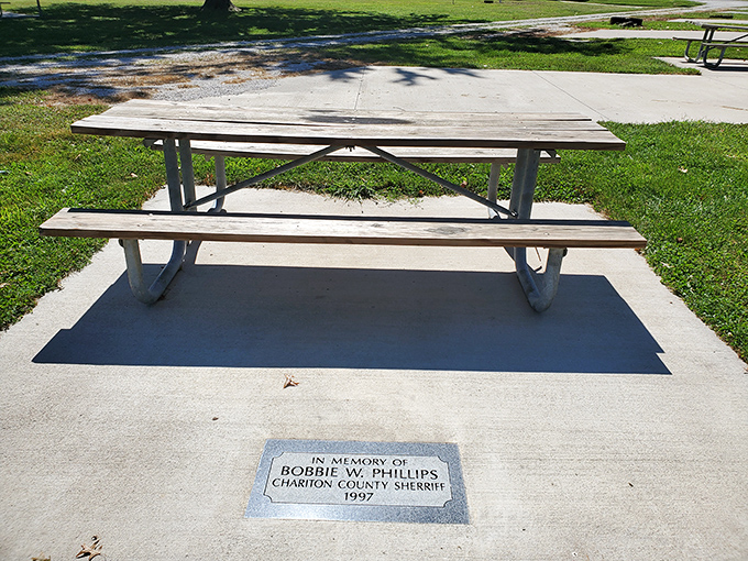 A memorial bench offers quiet reflection, though it's hard to be contemplative when a giant waterfowl looms in your peripheral vision.