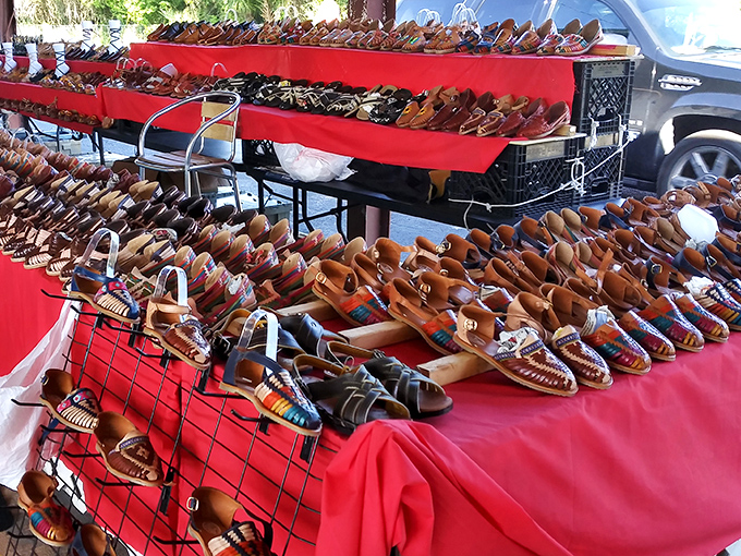These aren't just shoes&mdash;they're wearable folk art. Handcrafted huaraches lined up like colorful soldiers, ready to march you comfortably through summer adventures.
