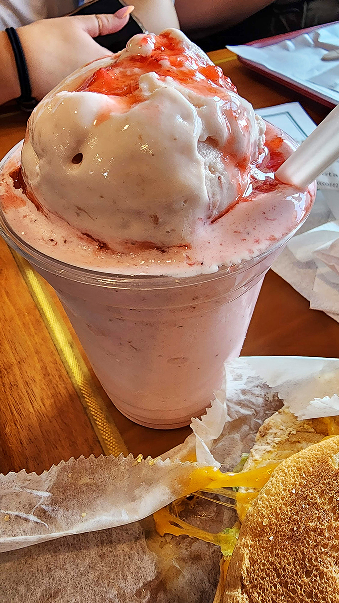 Strawberry shake or drinkable art installation? The whipped cream mountain and berry drizzle suggest Ivanhoes believes desserts should be both seen and devoured.