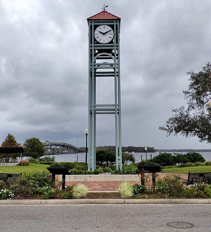 The Millennium Clock Tower stands sentinel over the St. Johns River, keeping time in a town where nobody's in a particular hurry anyway.