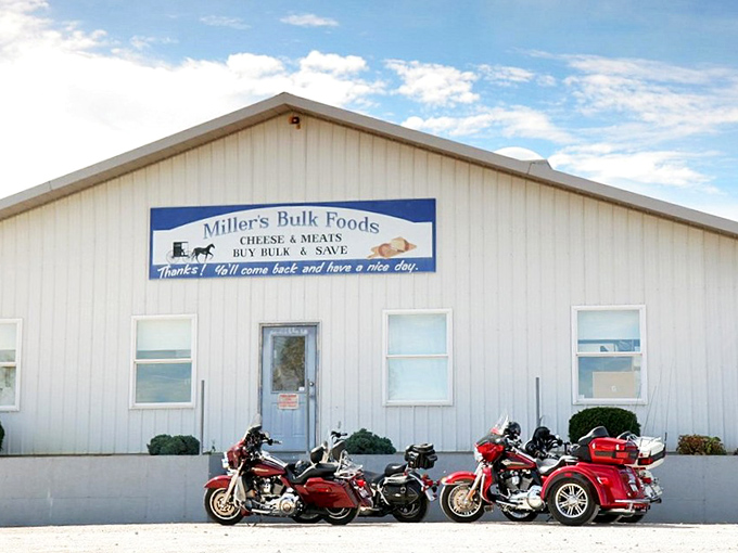 Where motorcycles meet Mennonites. Miller's Bulk Foods offers a delicious culture clash&mdash;chrome and cheese existing in perfect harmony.