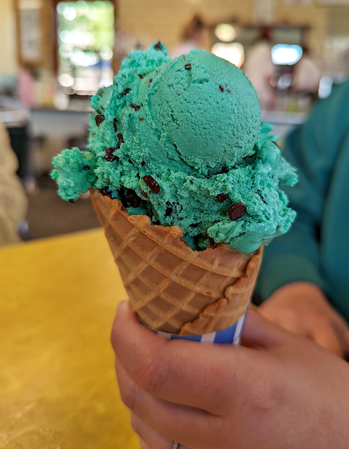 That mint chocolate chip cone isn't just green&mdash;it's emerald treasure studded with chocolate gems. The waffle cone's aroma alone is worth the drive.