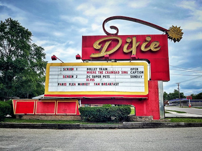 The glowing marquee announces tonight's double features, a roadside beacon of entertainment possibilities that feels delightfully retro.