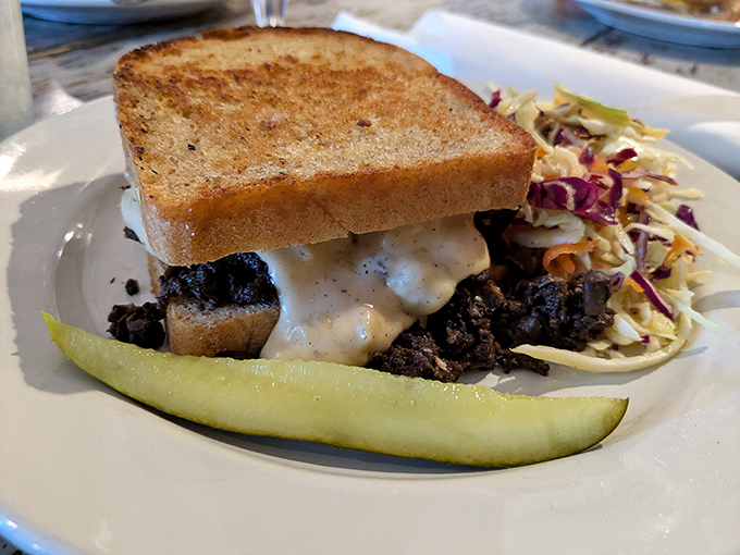 Mushroom melt magic: When local fungi meet melted cheese on toasted bread, even carnivores forget they're eating vegetarian.