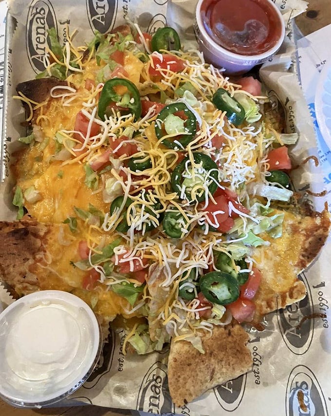 Arena's nachos don't mess around&mdash;loaded with jalape&ntilde;os, cheese, and fresh toppings, they're the United Nations of appetizers bringing people together.