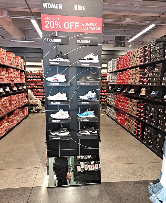 Nike's training shoe display proves that even your workout gear can get a vacation from full price. Your wallet will thank you for the cardio.