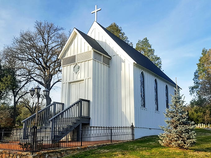 The historic white chapel stands as a reminder of simpler times, when Sunday best meant your only pair of clean overalls.