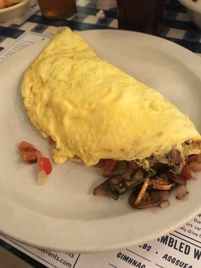 The perfect omelet: a golden envelope delivering a secret message of mushrooms and onions straight to your happiness receptors.