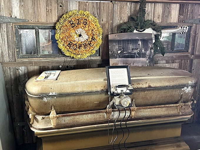 The Big Bopper's original casket sits in solemn tribute, a poignant reminder of the day the music died amid the museum's more playful exhibits.