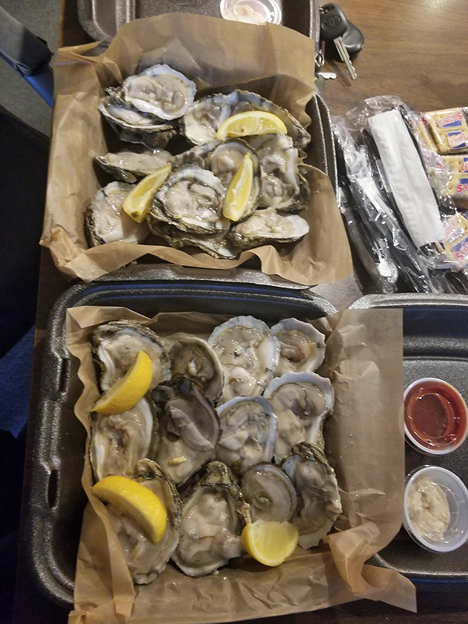 Fresh oysters on parchment paper with bright lemon wedges—nature's perfect appetizer requiring nothing more than a quick tilt and a moment of appreciation.