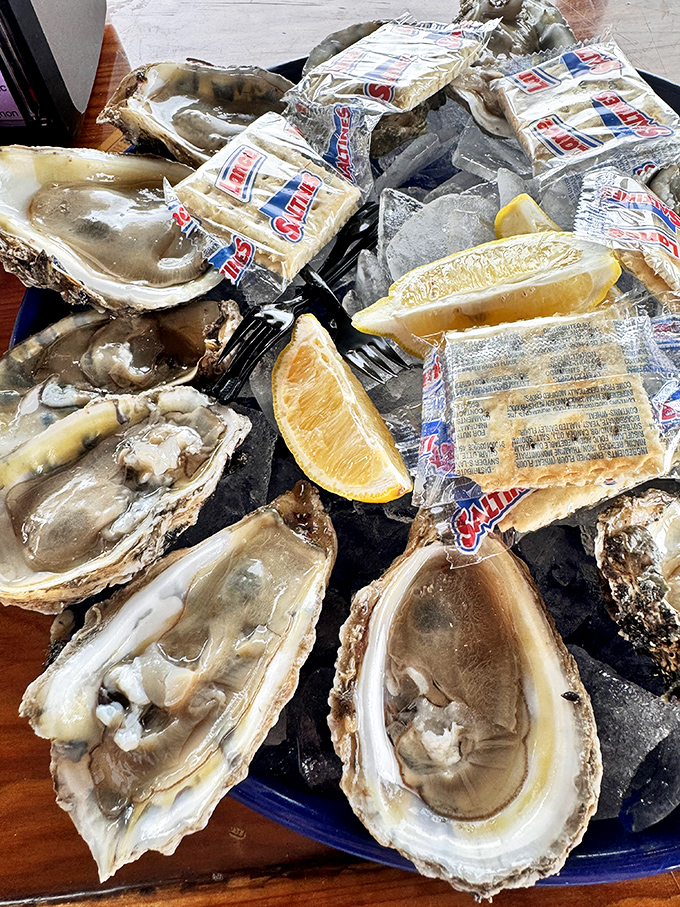 These plump oysters on the half shell taste like they were plucked from nearby waters just moments ago.
