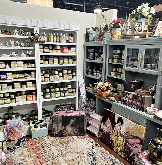 A meticulously organized vendor booth that's part country store, part artist's palette. Grandma's pantry meets Pinterest before Pinterest was a thing.