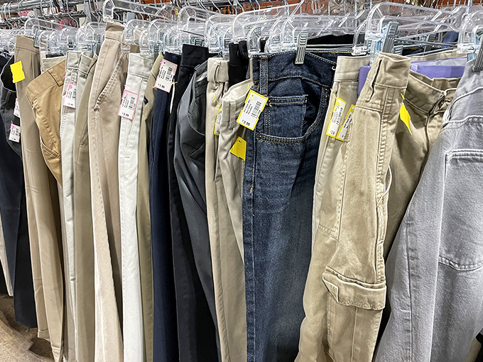 The pants parade! From khakis to jeans, these neatly organized racks offer leg coverings for every occasion and body type.
