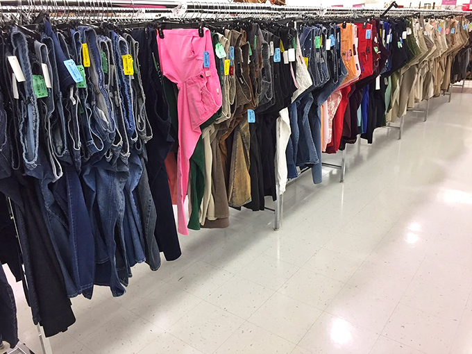 Denim for days! The pants section stretches into the horizon like a blue jean landscape, each pair waiting for its second chance at fashion glory.