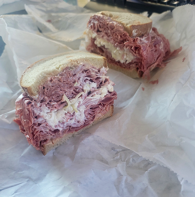 This pastrami sandwich isn't messing around &ndash; pink, tender meat piled high with just enough bread to qualify as a delivery system.