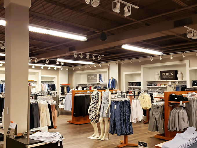 Clean lines and thoughtful displays make navigating women's fashion a breeze, with mannequins showcasing outfits that whisper "take me home."