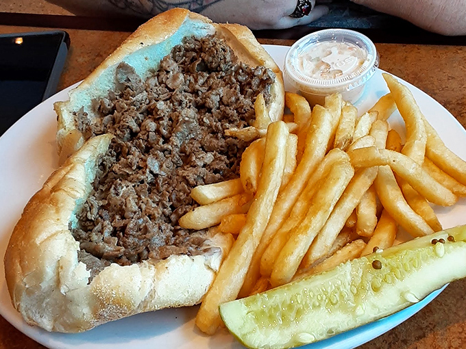 Not just a sandwich, but a Philadelphia institution&mdash;this cheesesteak overflows with thinly sliced beef, served with a pickle spear for good measure.