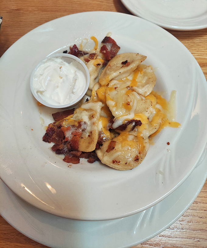 Pierogies with bacon and cheese&mdash;the Eastern European answer to "what should I eat when I want to be happy?" Pure potato pocket perfection.