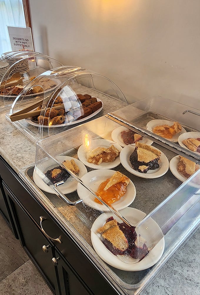 The pie case at Dutch Kitchen&mdash;where willpower goes to die and dessert dreams come true.