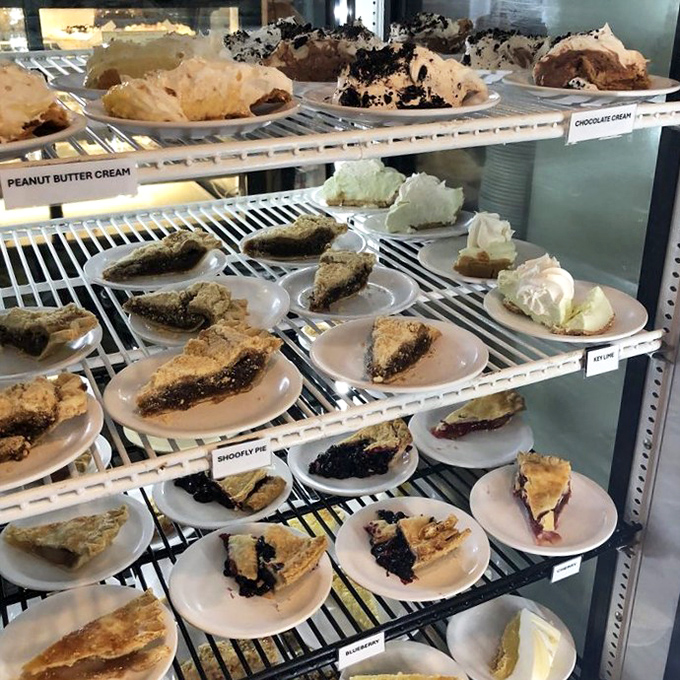 This pie case is basically a museum of sugar and butter, where every slice deserves its own spotlight.