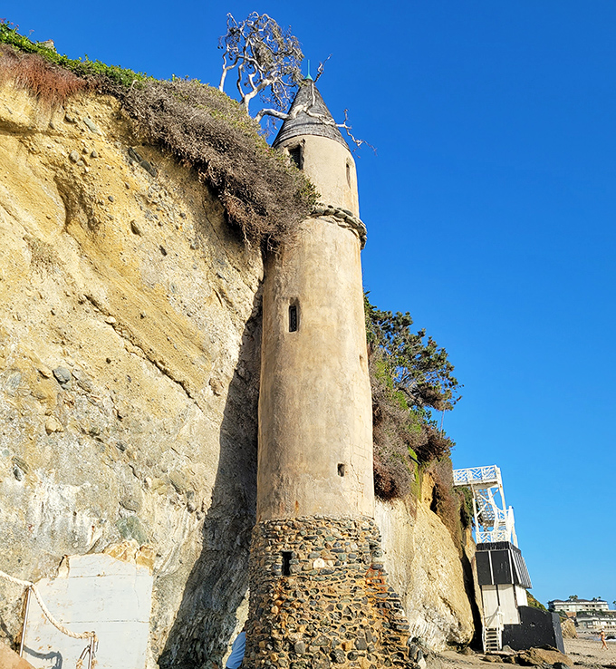 The Pirate Tower at Victoria Beach stands like a fairy tale that took a wrong turn and ended up in California. Rapunzel would approve.
