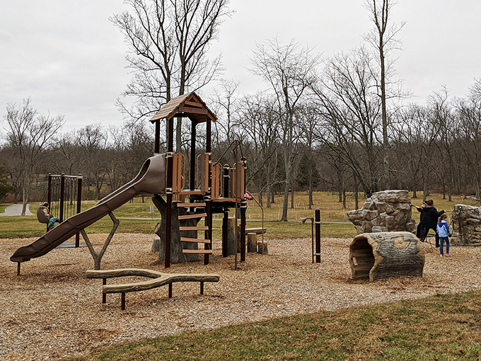 Little explorers navigate this natural playground where climbing, sliding, and imagining happen without a single charging port or Wi-Fi password in sight.