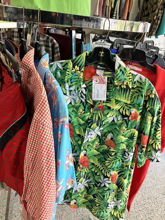 The tropical shirt collection screams "Florida retirement goals" with enough parrots and palm fronds to make Jimmy Buffett nod in approval.