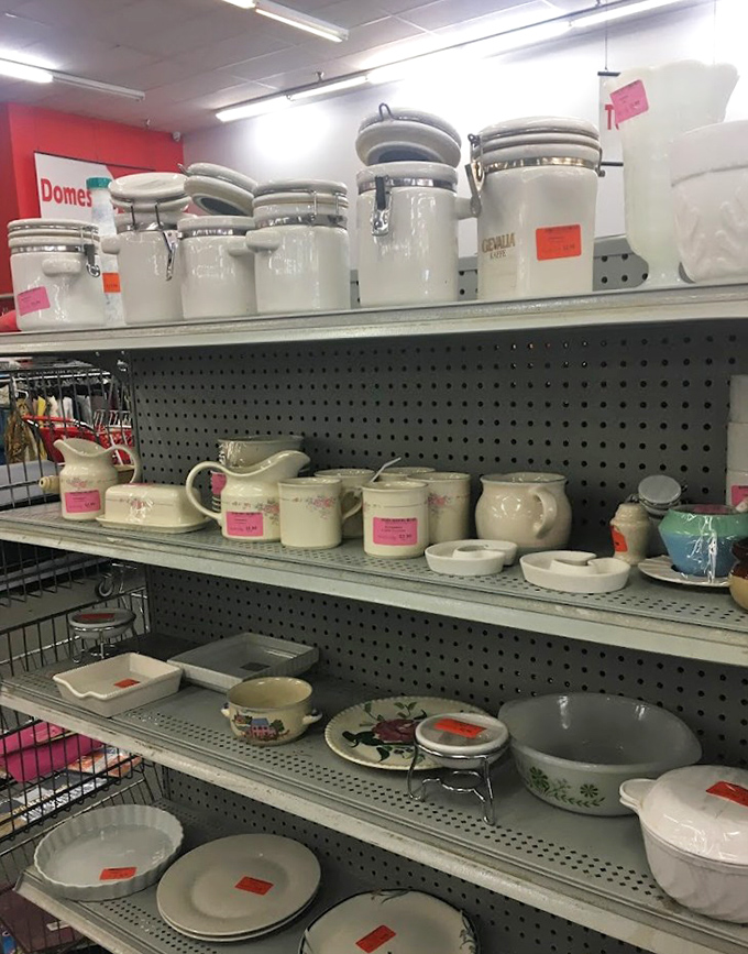 Vintage canisters and ceramics line up like contestants in a beauty pageant for kitchen nostalgia.