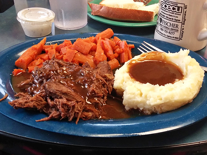 This pot roast isn't just dinner; it's a warm hug on a blue plate. The gravy pool in those mashed potatoes is practically begging for a dive.