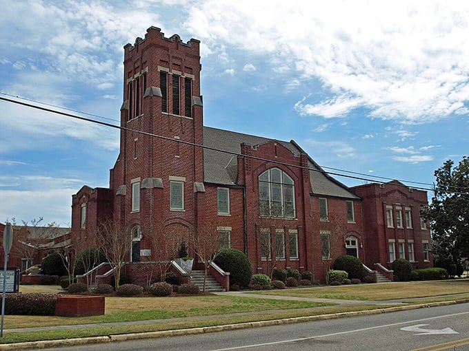 The impressive brick First Methodist Church reaches skyward, its tower a landmark visible throughout town and a testament to community faith.