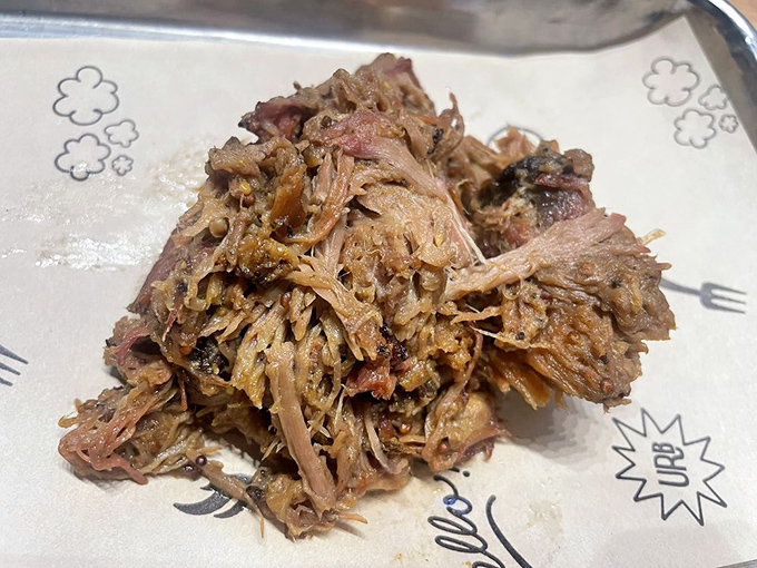 Pulled pork that looks like it surrendered willingly to the smoker, each strand a testament to patience and proper technique.