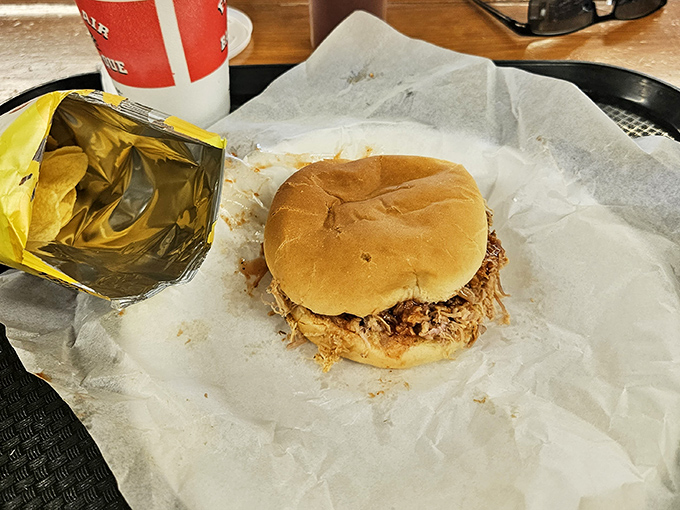 The pulled pork sandwich in its natural habitat – unpretentious, served on a simple bun, with no fancy garnishes to distract from the star of the show.