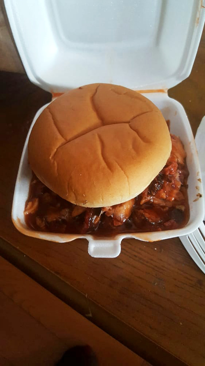 A simple bun cradling saucy pulled pork like it's holding liquid gold. No fancy garnishes needed when the meat speaks this eloquently.