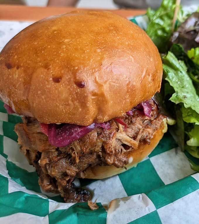Pulled pork that looks like it's been slow-dancing with BBQ sauce for hours. The pickled red onions add that perfect pop of color and tang.