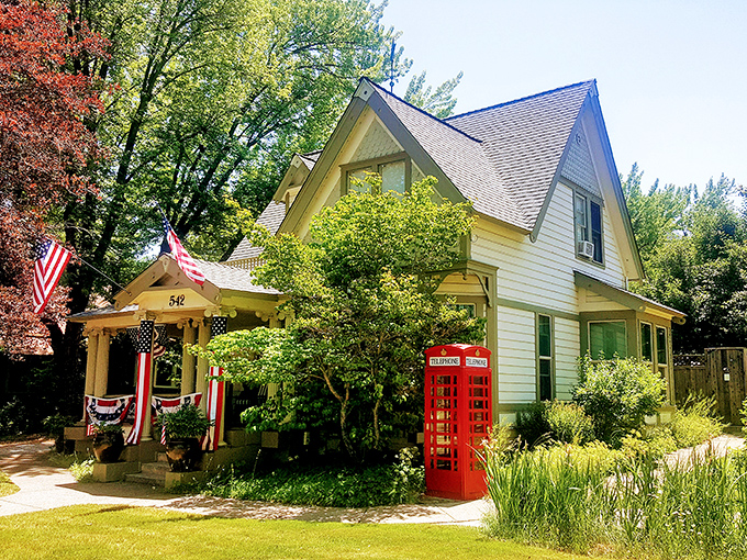 This charming Victorian with its British phone booth is what happens when small-town America and English countryside have a beautiful baby.