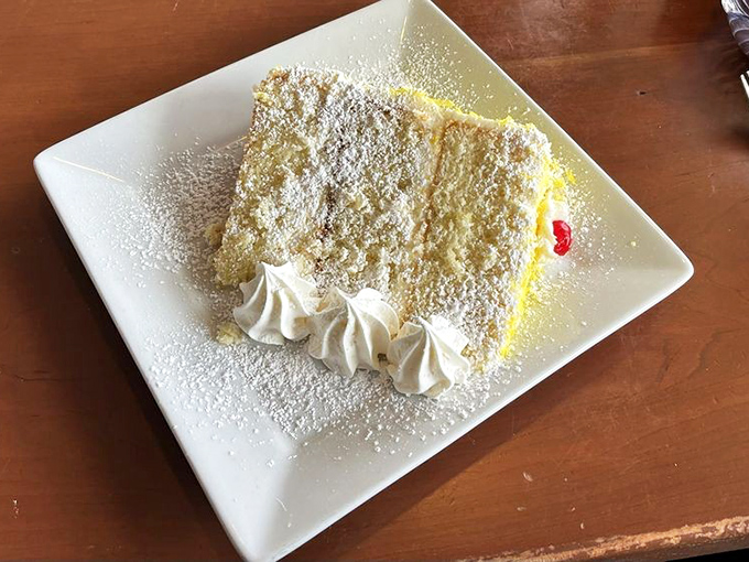 A slice of heaven masquerading as cake&mdash;light, airy, and dusted with powdered sugar that falls like delicious snow.