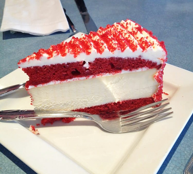 Red velvet cheesecake that looks like it belongs in a museum &ndash; though it tastes too good to last that long.
