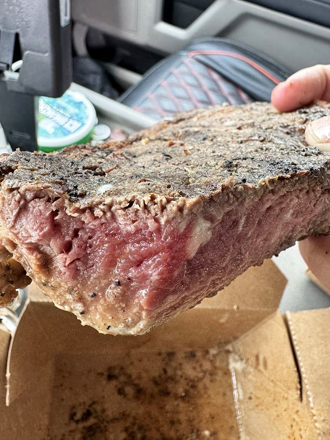 That cross-section reveals the steak equivalent of winning the lottery&mdash;perfect marbling, ideal doneness, and enough juiciness to require extra napkins.