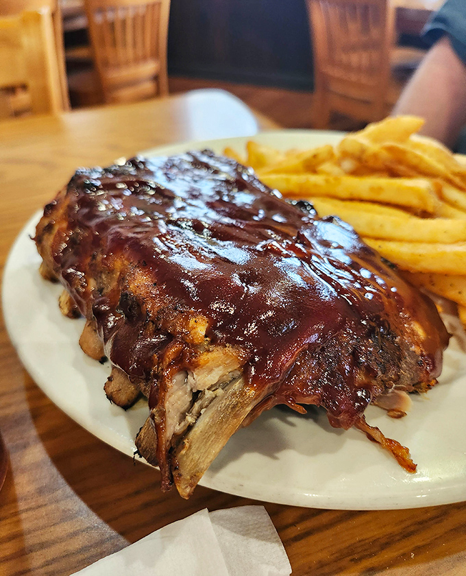 These ribs don't just fall off the bone—they practically jump. Slathered in tangy sauce and paired with golden fries, they're worth the napkin investment.