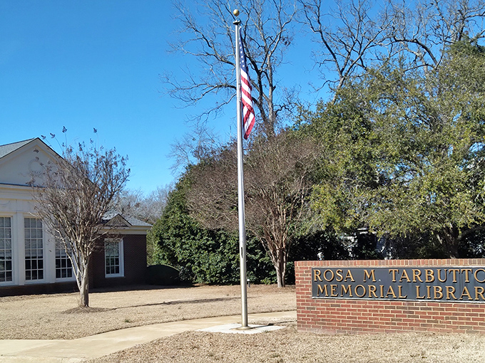 The Rosa M. Tarbutton Memorial Library stands ready to serve knowledge with a side of Southern hospitality under Georgia's clear blue skies.