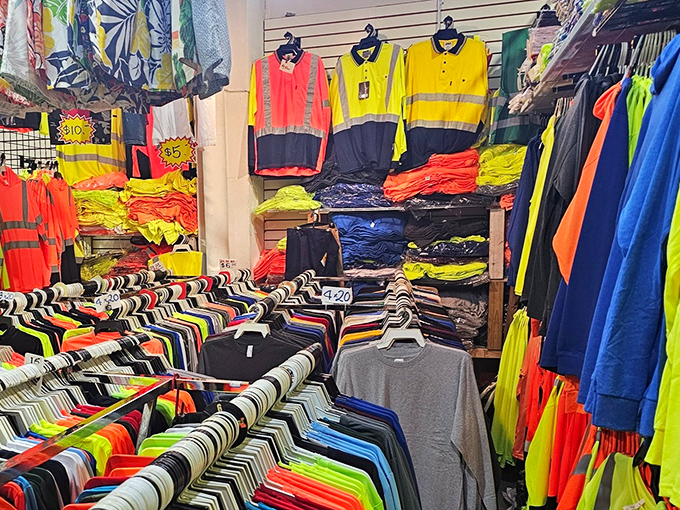High-visibility workwear meets Florida's vibrant color palette. Even safety gear gets the sunshine state treatment at this market.