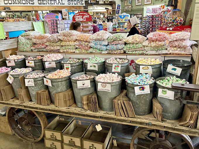 Candy buckets that would make Willy Wonka jealous. This taffy display is childhood nostalgia in technicolor, no golden ticket required.