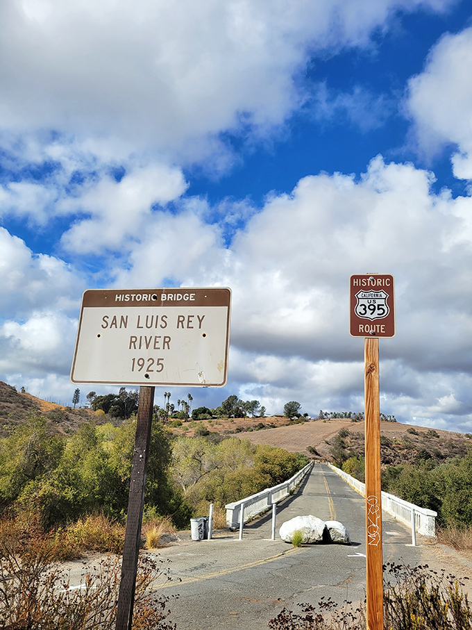 History spans the San Luis Rey River at this 1925 bridge. A reminder that some crossings are worth preserving, especially when they look this photogenic against that California sky.