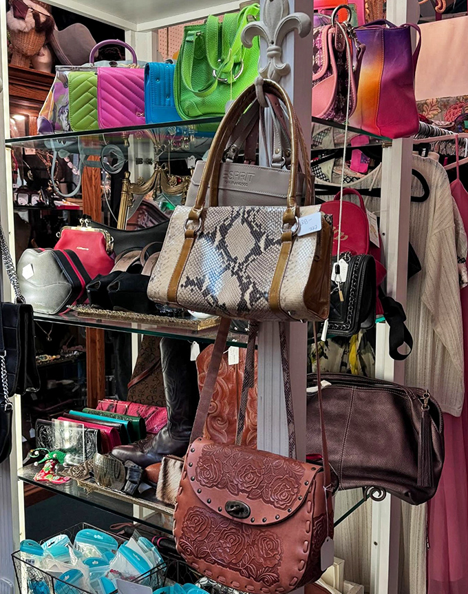 Handbag paradise! From snakeskin satchels to embossed leather clutches, these pre-loved purses hang like colorful fruit ready to be plucked by fashion-forward shoppers.