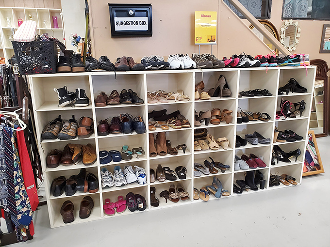 The shoe section: where Italian leather loafers and practical work boots coexist in a democracy of footwear possibilities.