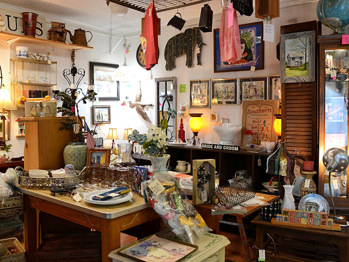 Southern charm meets organized chaos in this corner where every tabletop tells a different story from America's living rooms past.