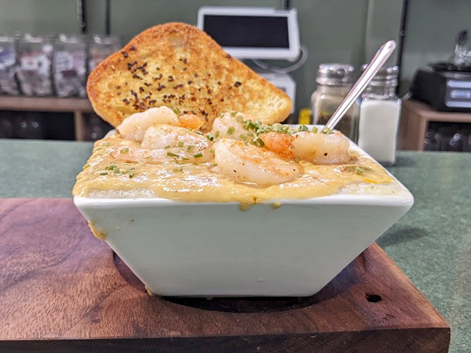 Creamy grits cradle perfectly seasoned shrimp in this Southern-inspired dish that somehow found its soulful way to Ohio.