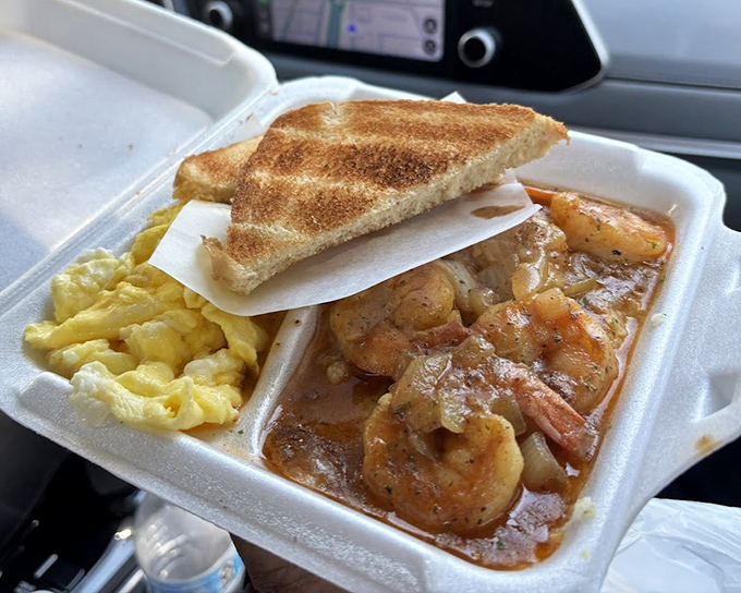 Shrimp and grits with a side of toast - or as I like to call it, "Why am I wasting money at fancy brunch places when this exists?"