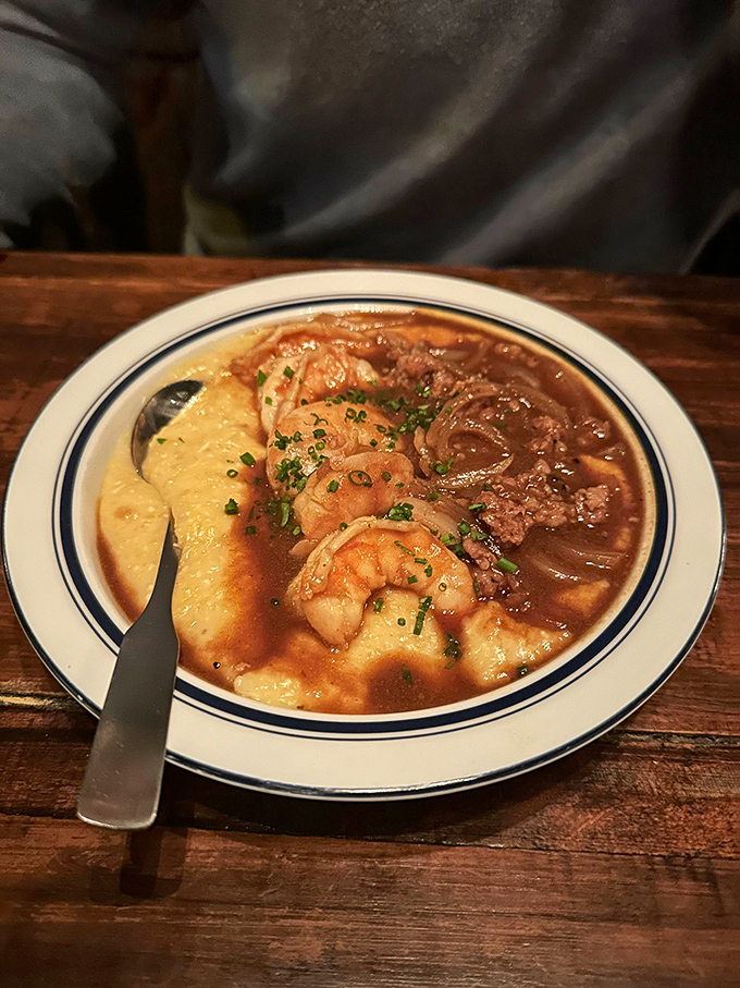 The legendary shrimp and grits &ndash; plump crustaceans nestled in creamy cornmeal heaven with a sauce so good you'll contemplate drinking it directly.